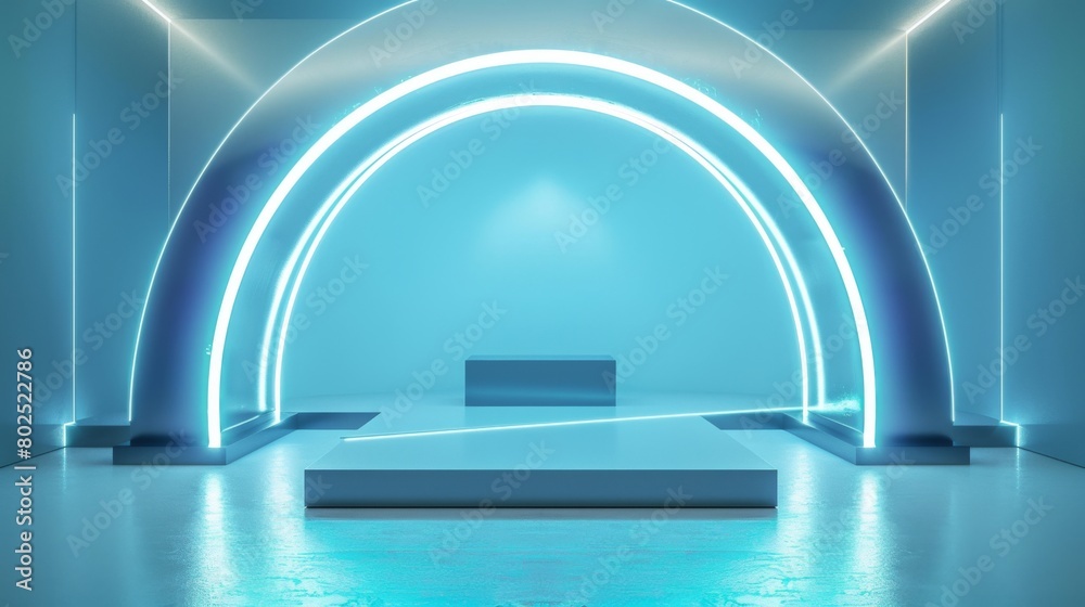 Game show stage with minimal design, metallic arch, blue LED lights ...