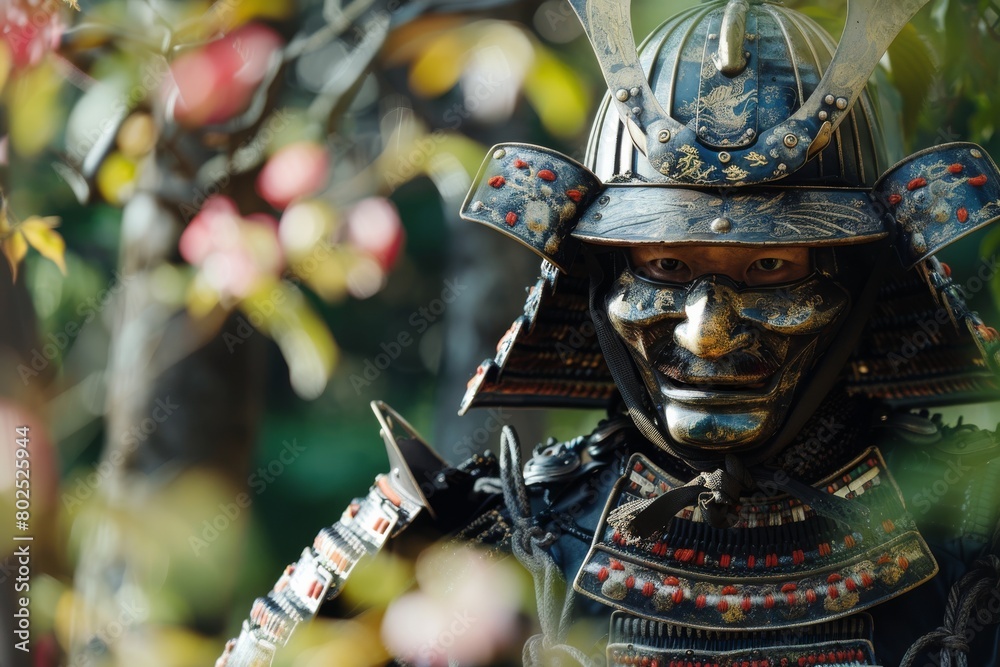 Detailed view of an ornate samurai armor with intricate designs against ...