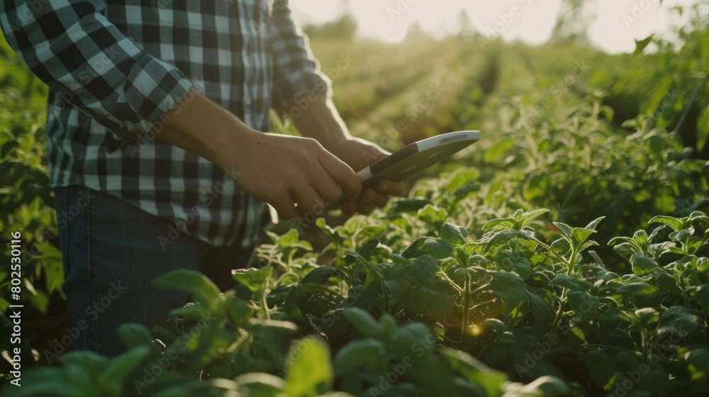 Professional worker using tablet to analyze agricultural product at ...