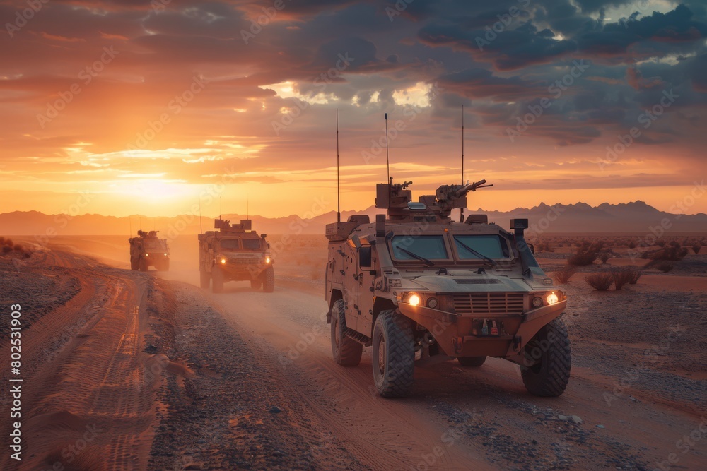 Military armored vehicles in the desert at sunset. Nato military ...