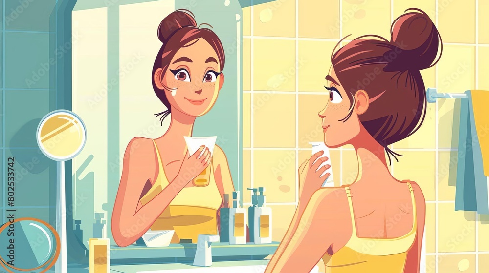 Cute young woman standing in front of mirror and cleansing or ...