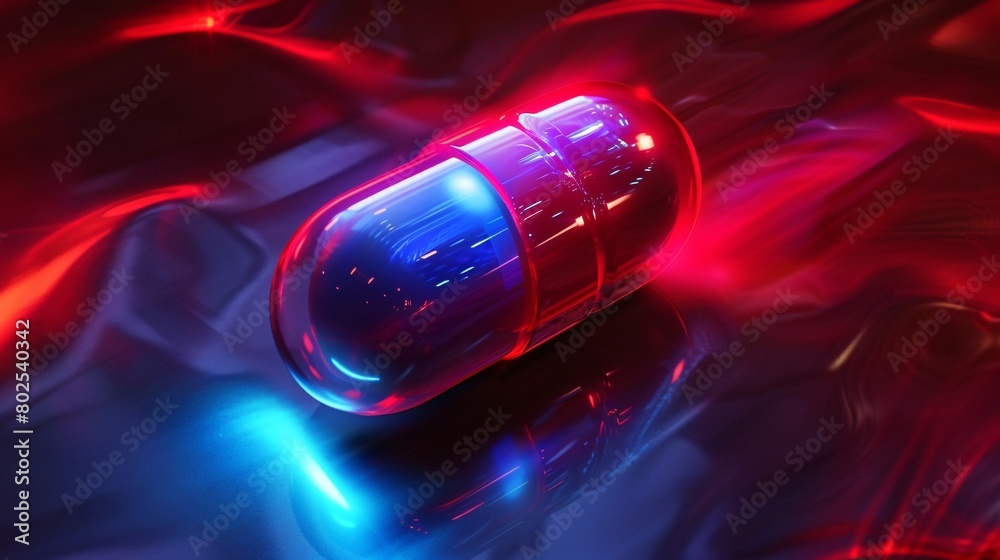 Smart digital pill or capsule on glowing blue and red background ...