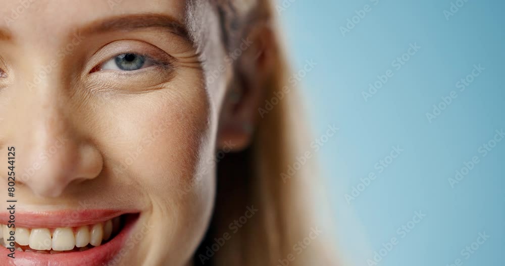 Studio, woman and portrait of half face with skincare for cosmetics ...