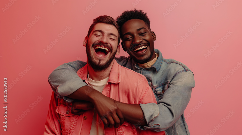 A cheerful portrait featuring a couple of men with wide grins on their ...