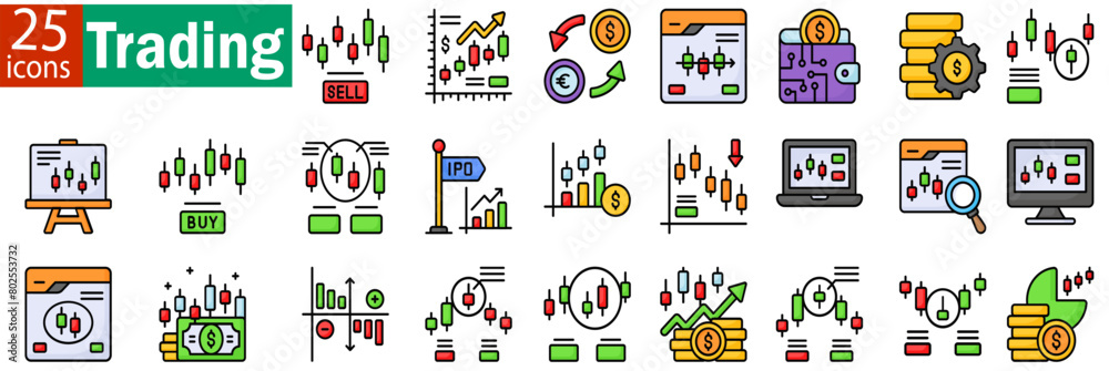 trading icon set. stock and investment icons collection. Vector ...