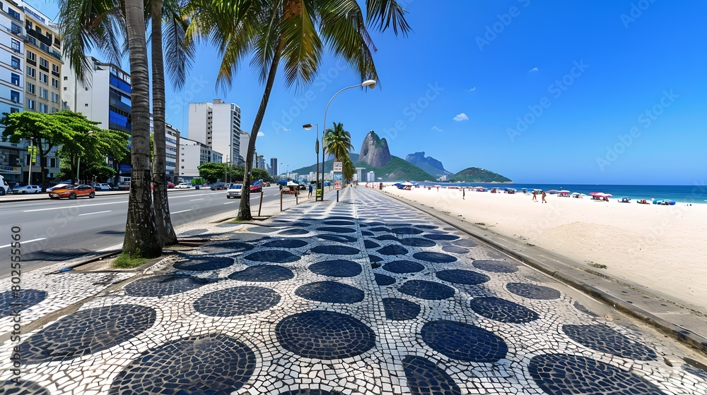 Sunny Beachside Promenade with Iconic Mosaic Pavement, Tropical Palms ...