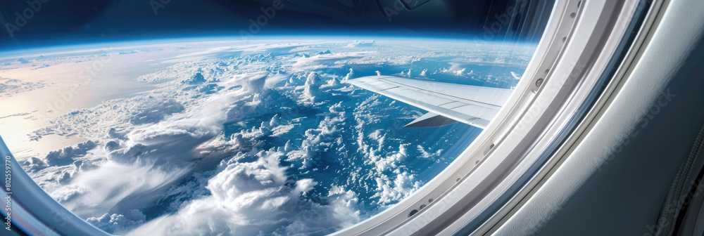 The earths surface is visible from an airplane window as the aircraft ...