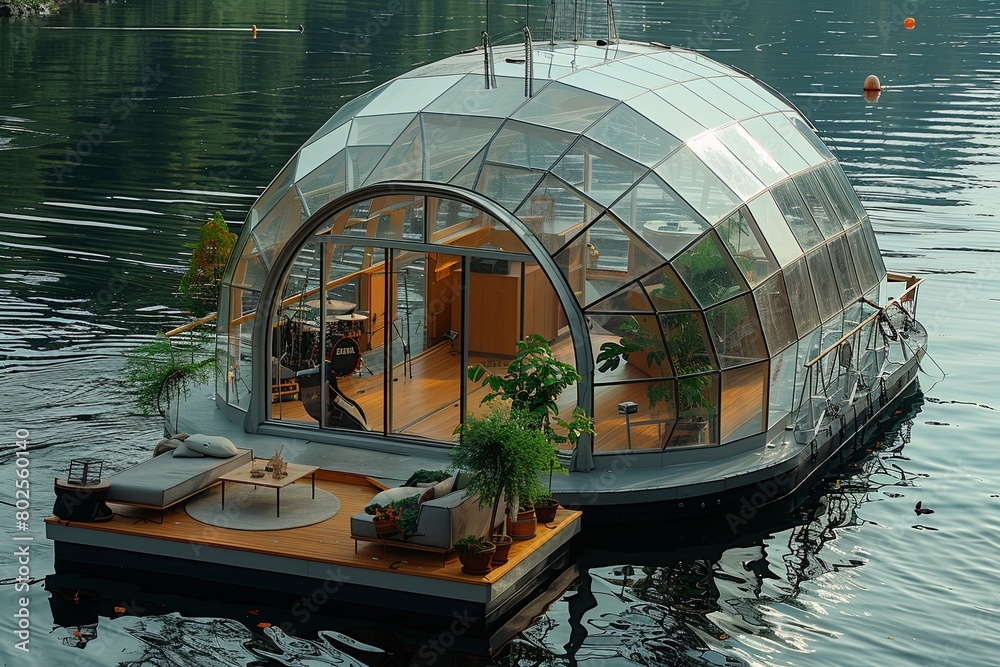 Floating Concert Hall: Translucent Glass Dome over Water, Stage to ...