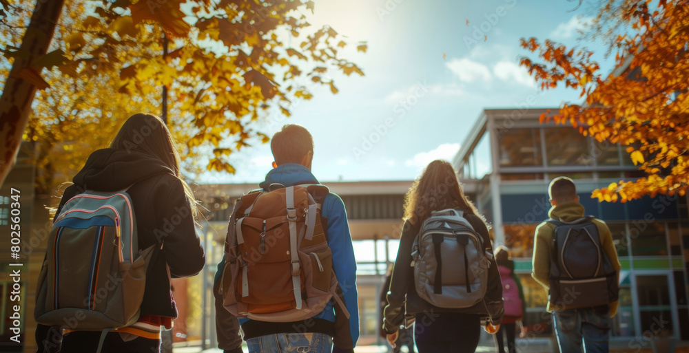 Students, walking and backpack for school, morning and building of ...