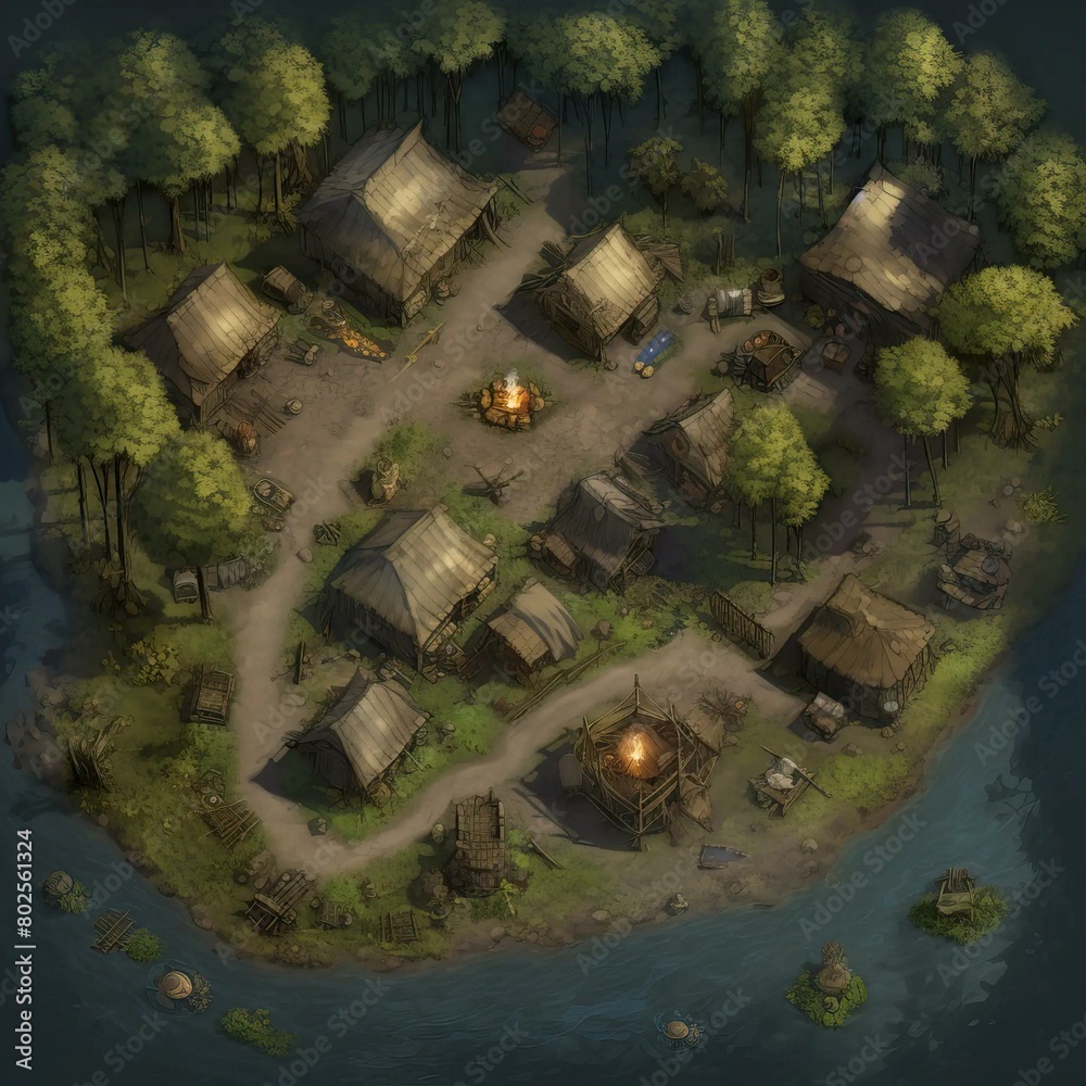 DnD Battlemap forest, kobold, camp, huts, nature, adventure ilustração ...