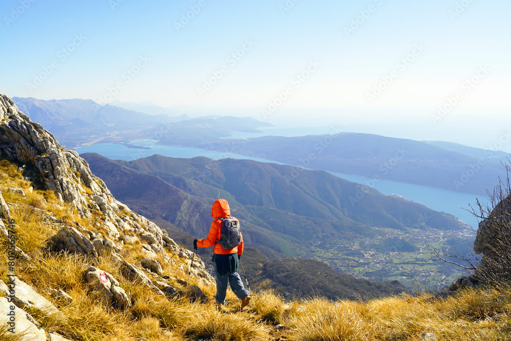 A tourist in a bright jacket, photographed from the back, walks along a ...