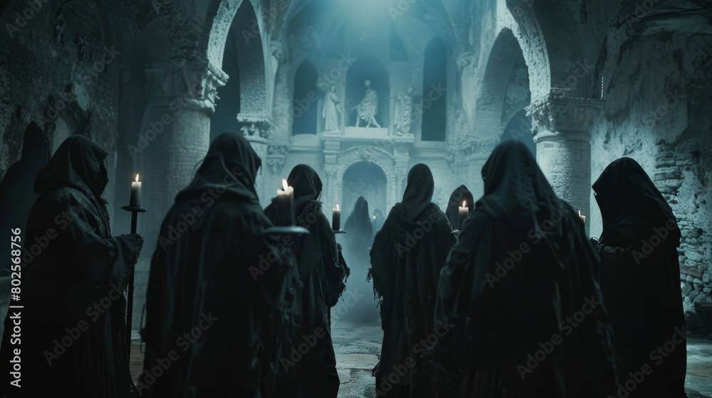 In the dark catacombs beneath a Gothic cathedral a group of cloaked ...