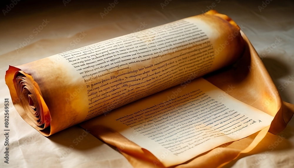 Glowing open scroll parchment revealing the book of the Bible. Book of ...