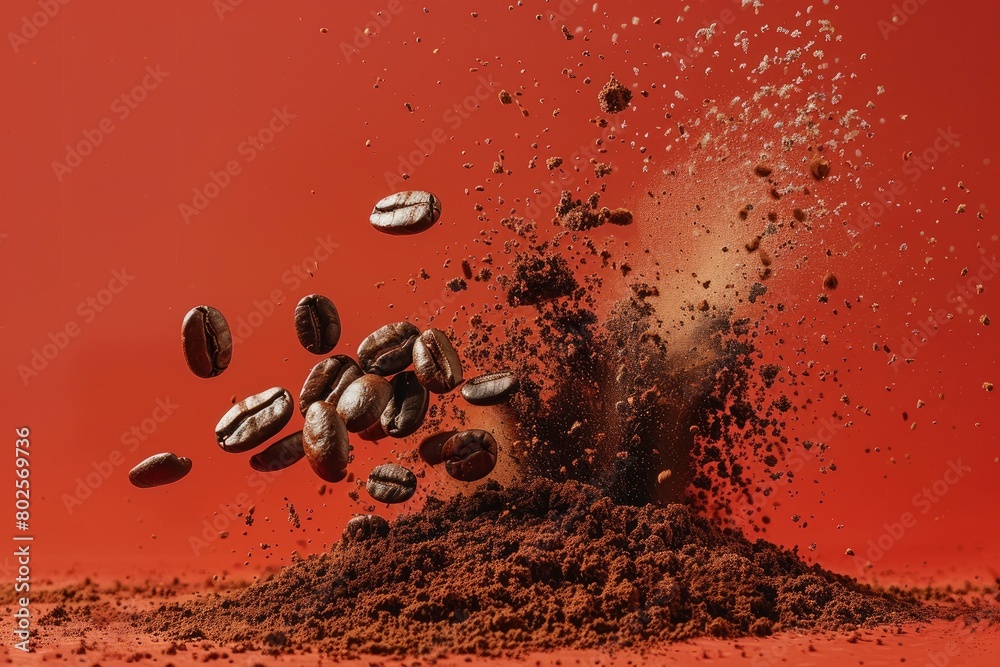 Explosion of ground coffee with roasted beans on one color background ...