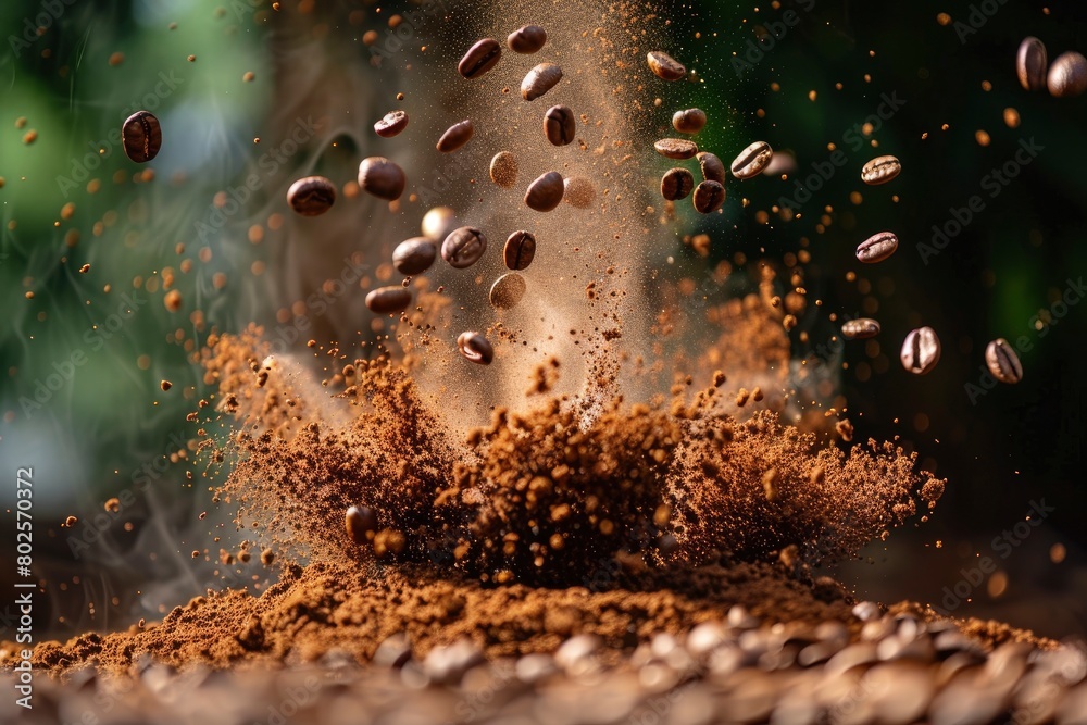 Explosion of ground coffee with roasted beans on one color background ...