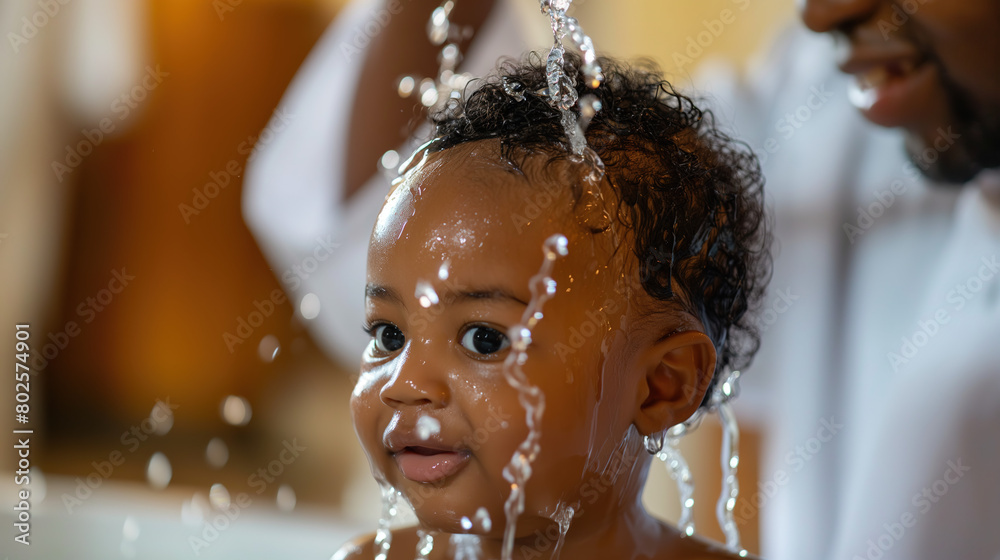 African American baby being bathed by the priest during child baptism ...