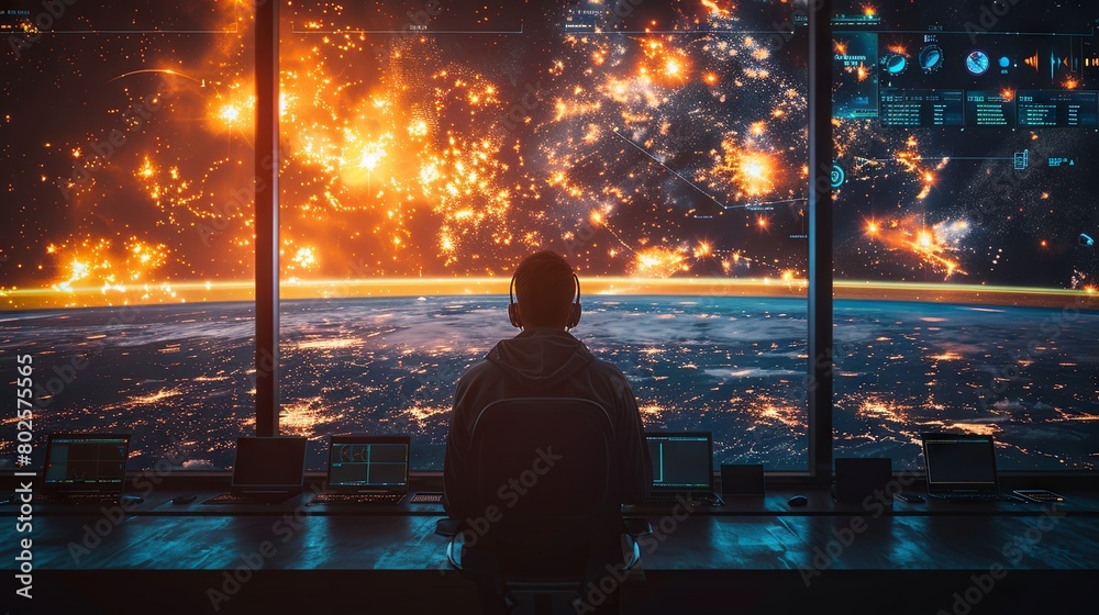 Man Observing Spectacular Galactic Explosion from Space Station Control ...