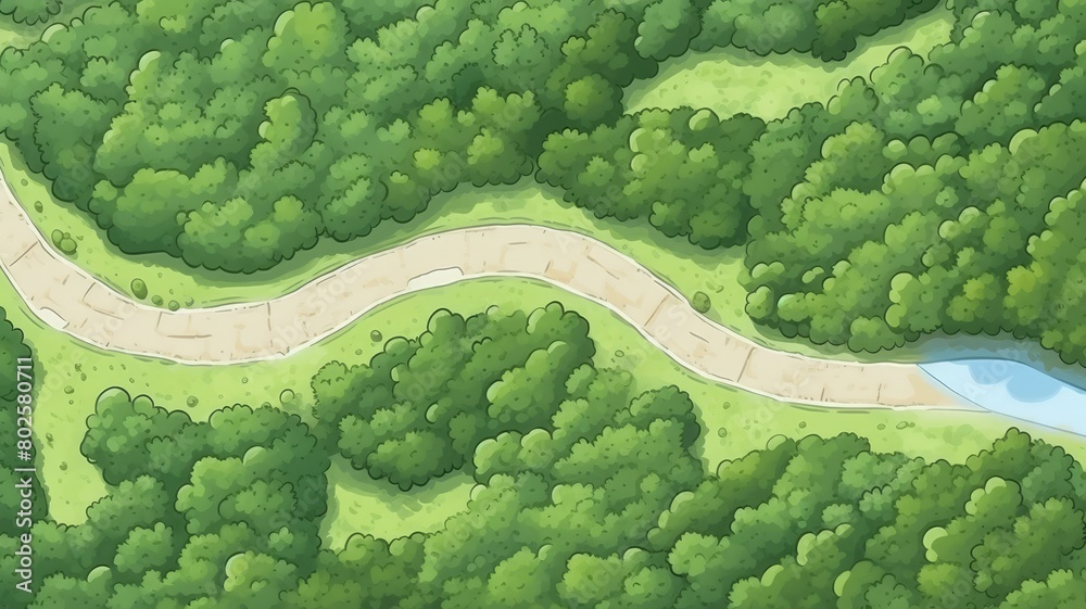 Cartoon illustration of a top view landscape with a winding road ...
