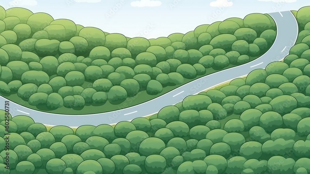 Cartoon illustration of a top view landscape with a winding road ...
