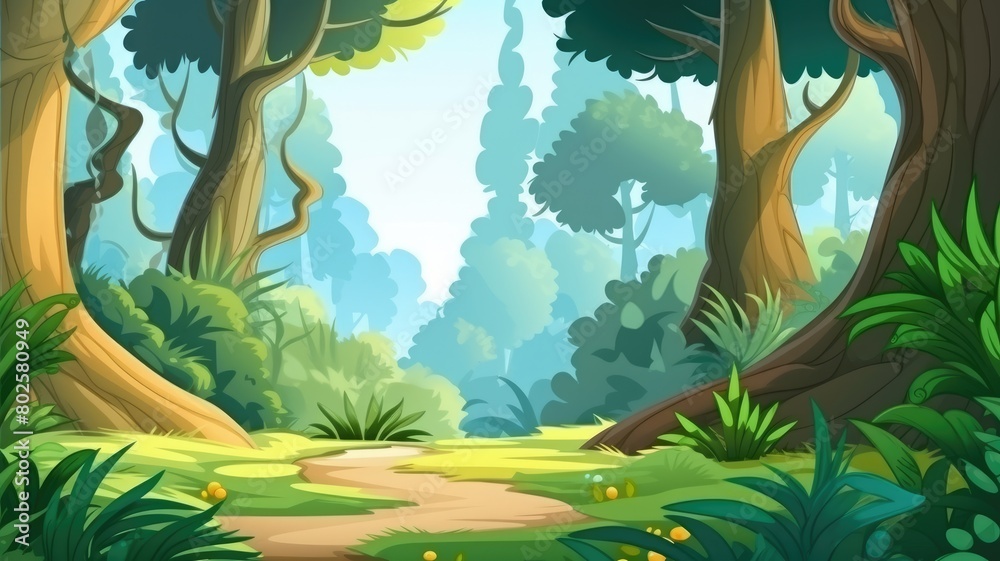 Bright cartoon illustration of a sunlit forest path, inviting a ...
