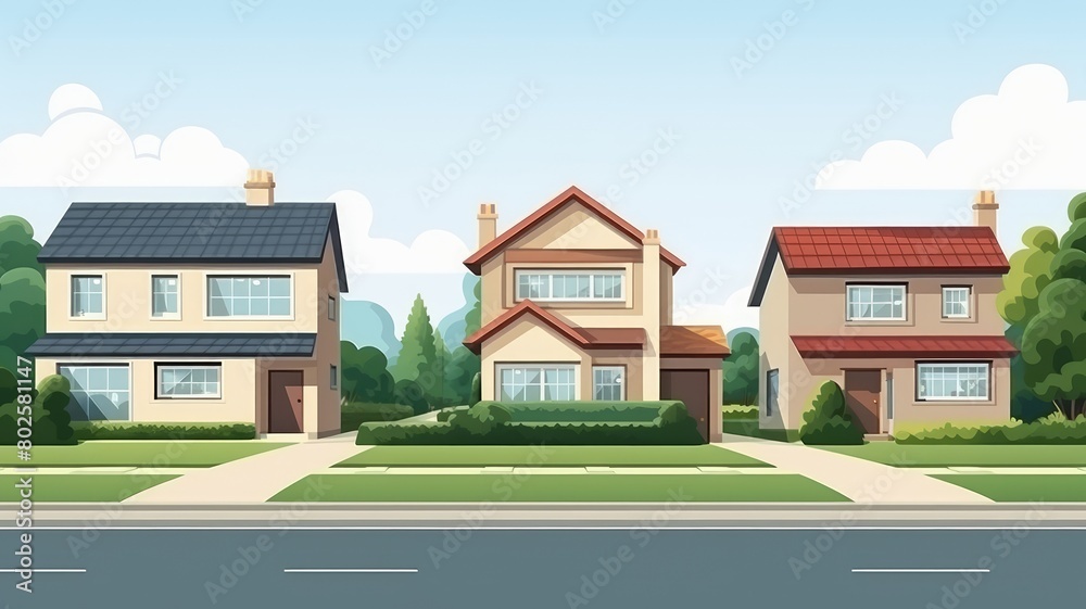 Charming suburban cartoon illustration, with cozy houses and lush ...