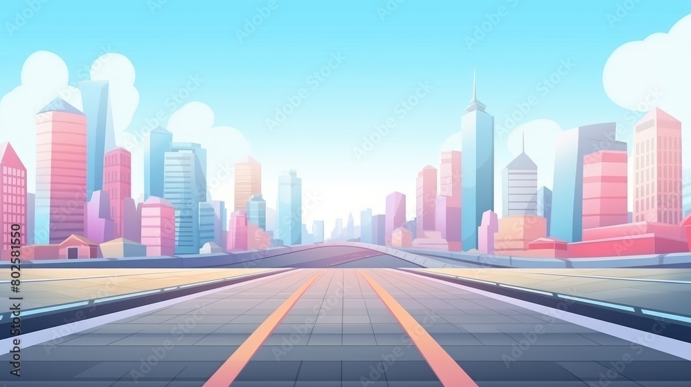 Dynamic cartoon illustration of a bustling city approach, with ...