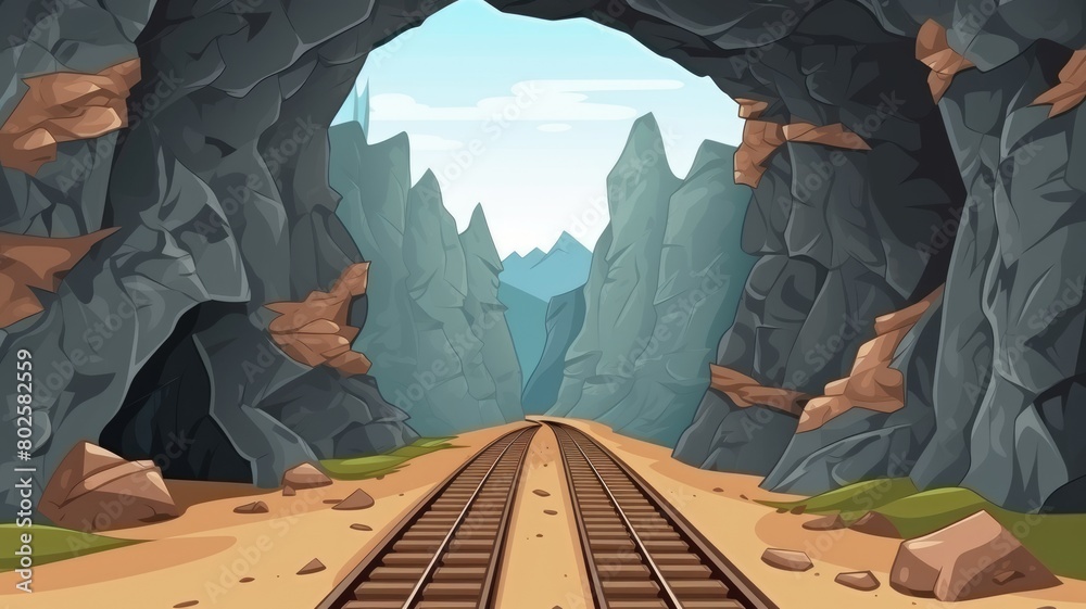 Cartoon illustration of a mine tunnel with railway tracks, inviting ...