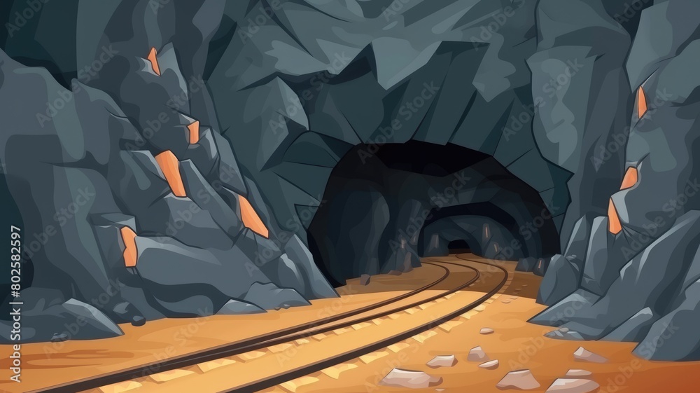 Cartoon illustration of a mine tunnel with railway tracks, inviting ...