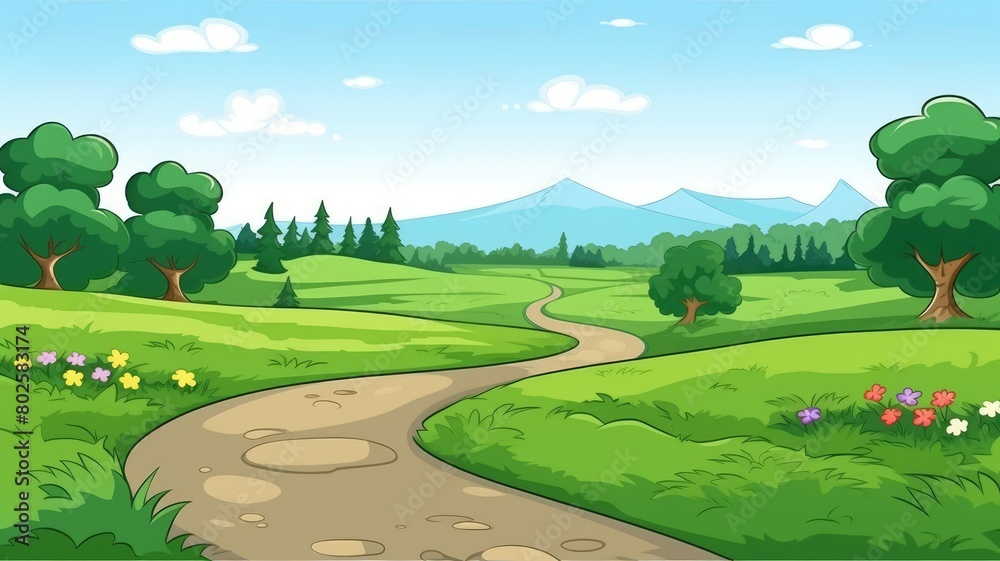 Cartoon illustration of an empty road meandering through a lush green ...