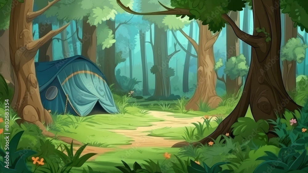 Cartoon illustration of a summer camp nestled in a deep forest ...