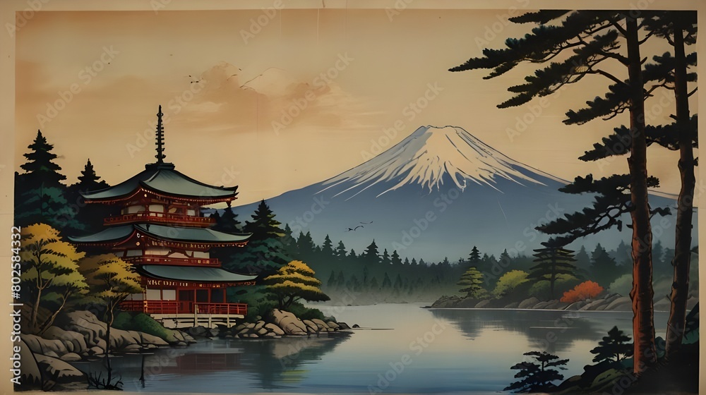 "Vintage Ukiyo-e Art: Mount Fuji and Japanese Temples in Old Japanese ...