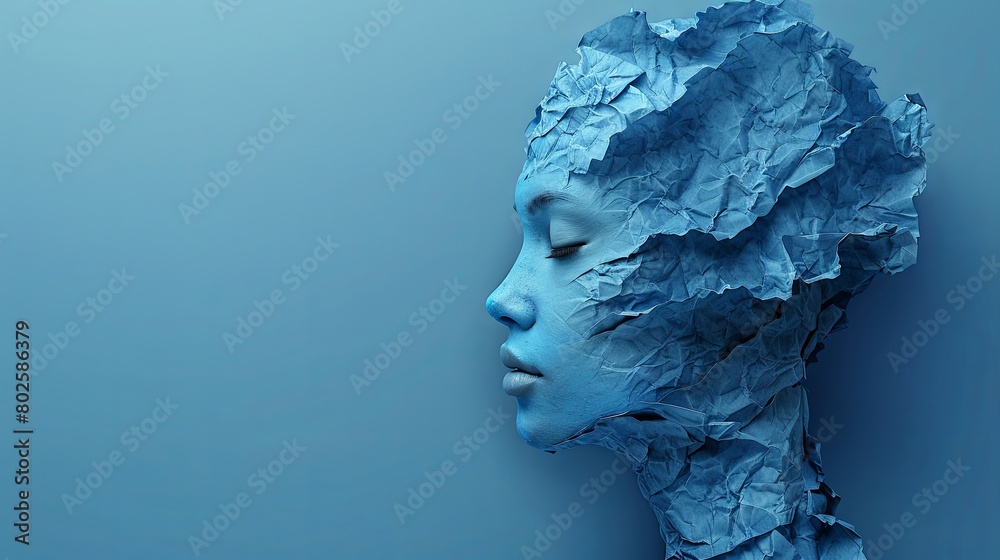 Conceptual Portrait of a Female Figure with Blue Crumpled Paper Texture ...