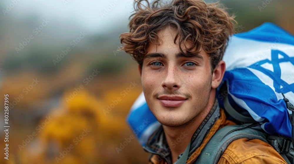 Portrait of a Young Israeli Man with Israeli Flag in a Misty Field ...