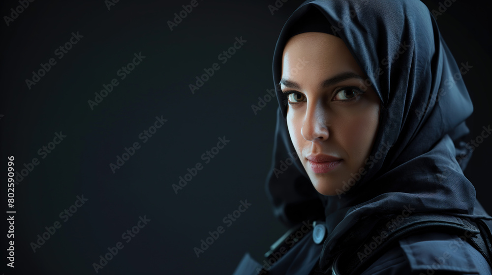 Portrait of a beautiful Arab woman police officer in a hijab , isolated ...