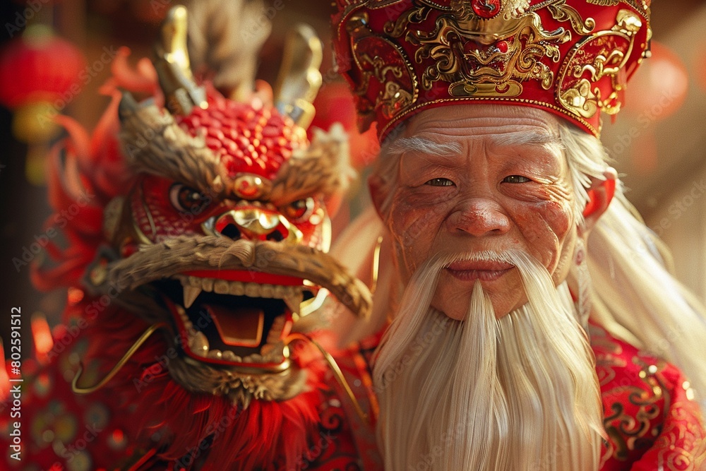 A scene featuring the Chinese god of wealth, depicted as an old man ...