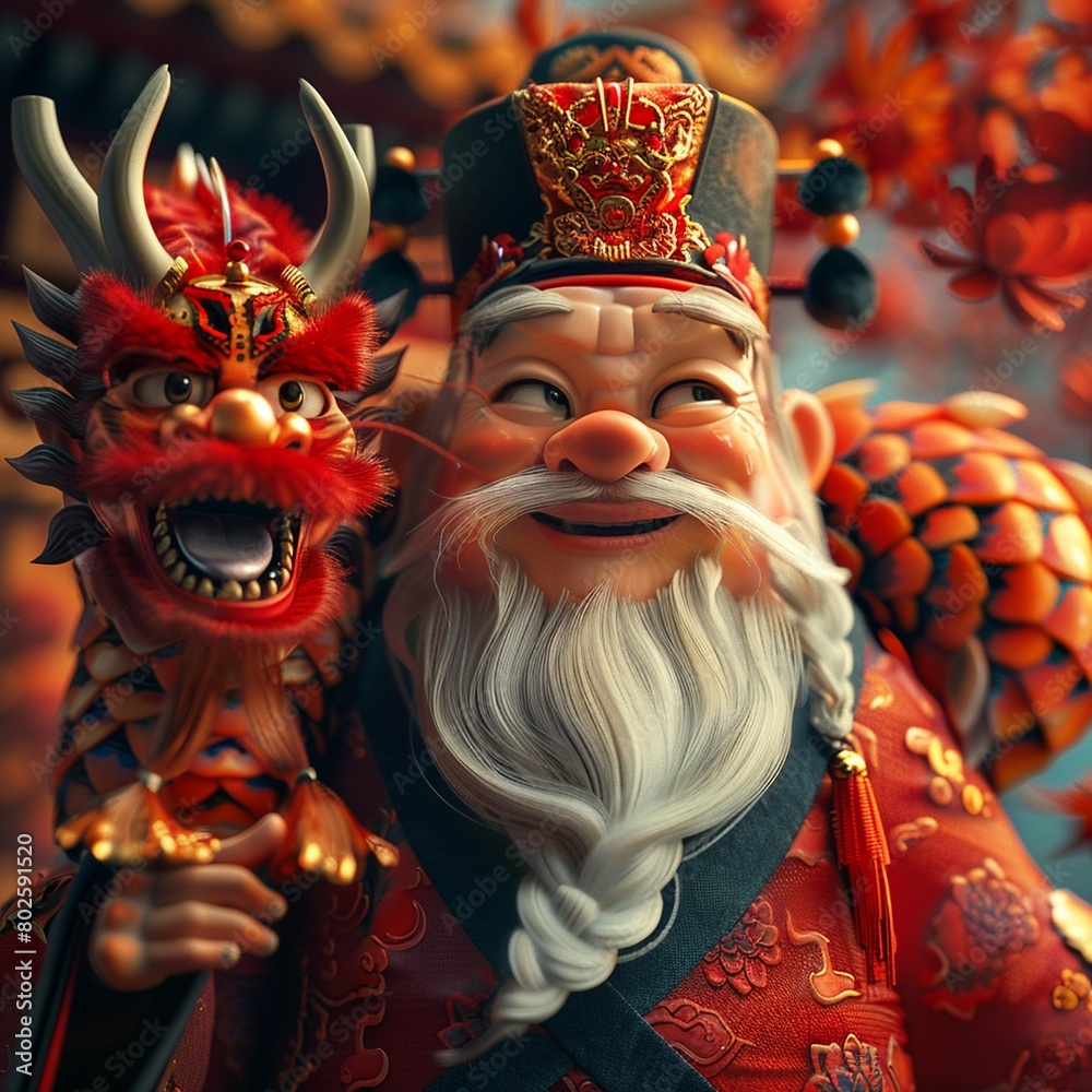 A scene featuring the Chinese god of wealth, depicted as an old man ...