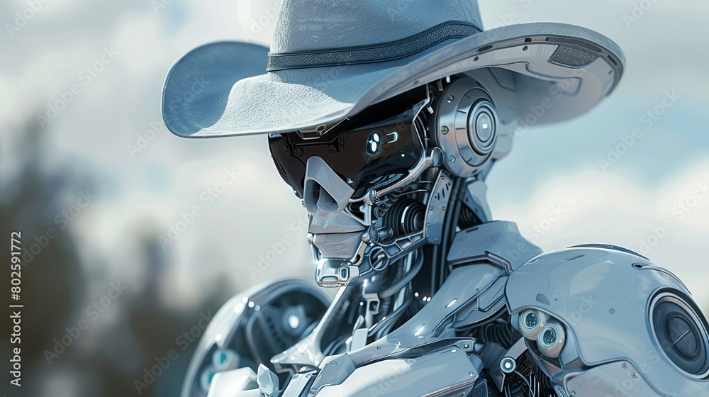 A cybercowboy robot dressed in a futuristic cowboy outfit, complete ...