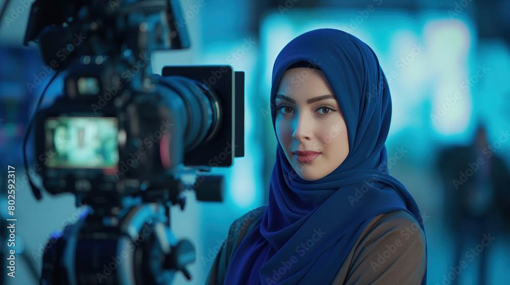 beautiful hijabi Arab woman in her mid-20s, dressed as a reporter and ...