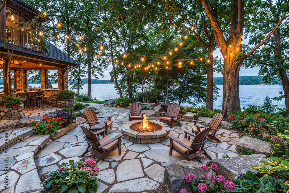 Stone firepit with chairs and light strands on lake waterfront ...