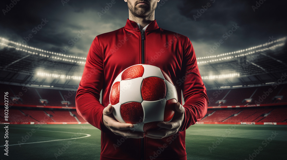 The red soccer player kicked the ball back on the field in the stadium ...