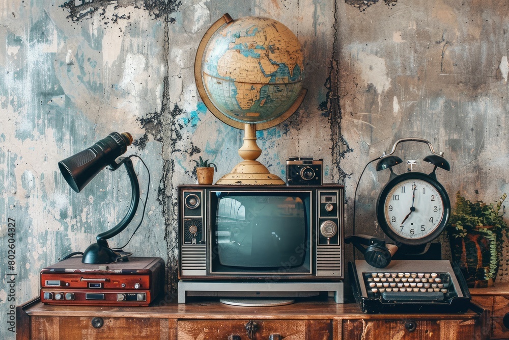 Retro TV, old radio, telephone, alarm clock, globe, gramophone, classic ...