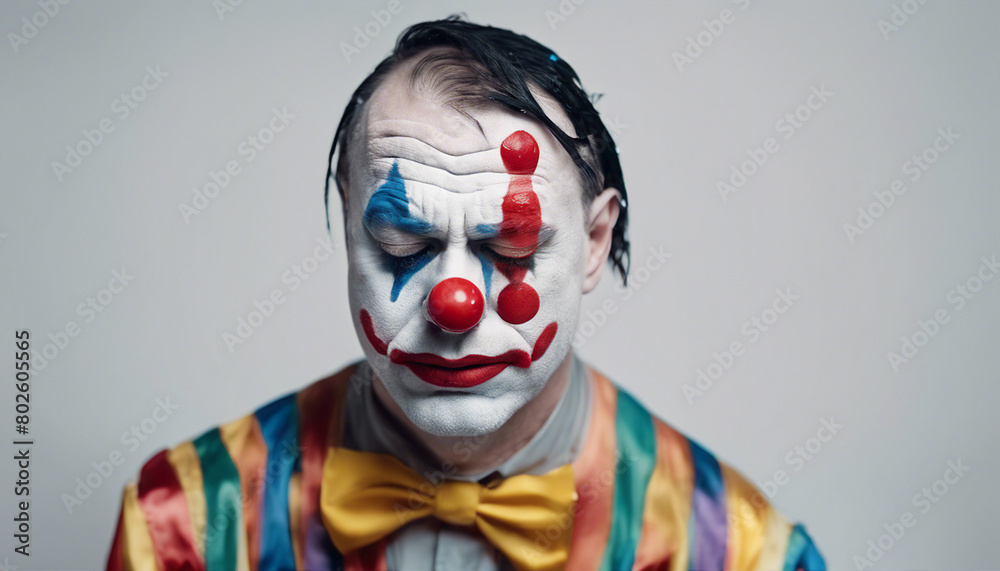 adult clown with tears flowing and sad facial expression, isolated ...