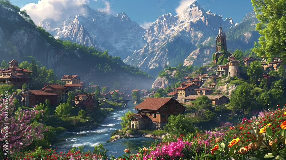 Riverside Valley Village: Nestled between the majestic mountains, a ...