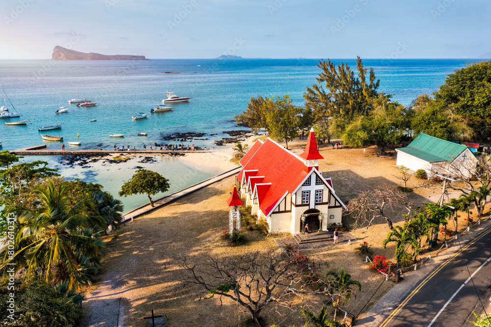 Red church at Cap Malheureux village, Mauritius Island. Notre Dame de ...