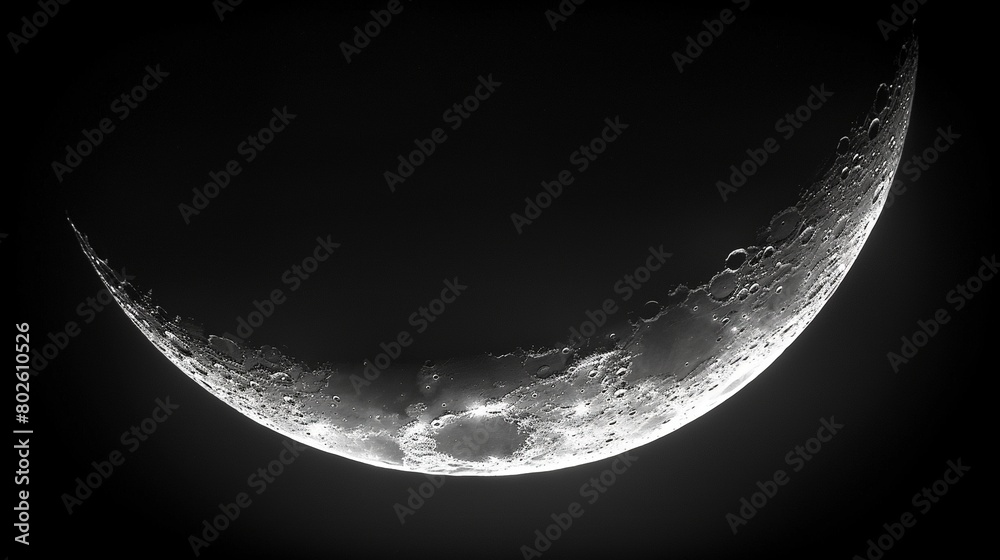 The crescent moon is illuminated by the glow of sunlight, casts shadows ...