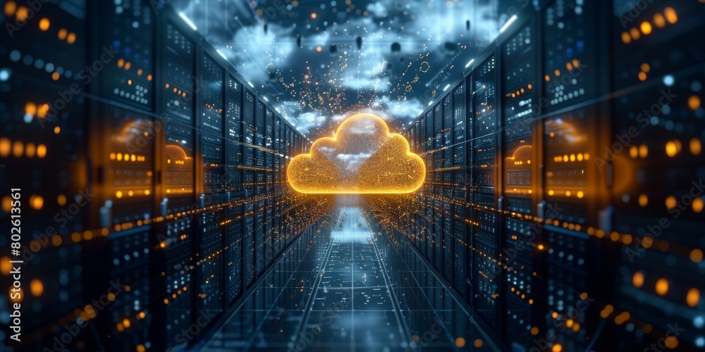 Dramatic Data Center Scene with Cloud Icon Illuminated in a Futuristic ...