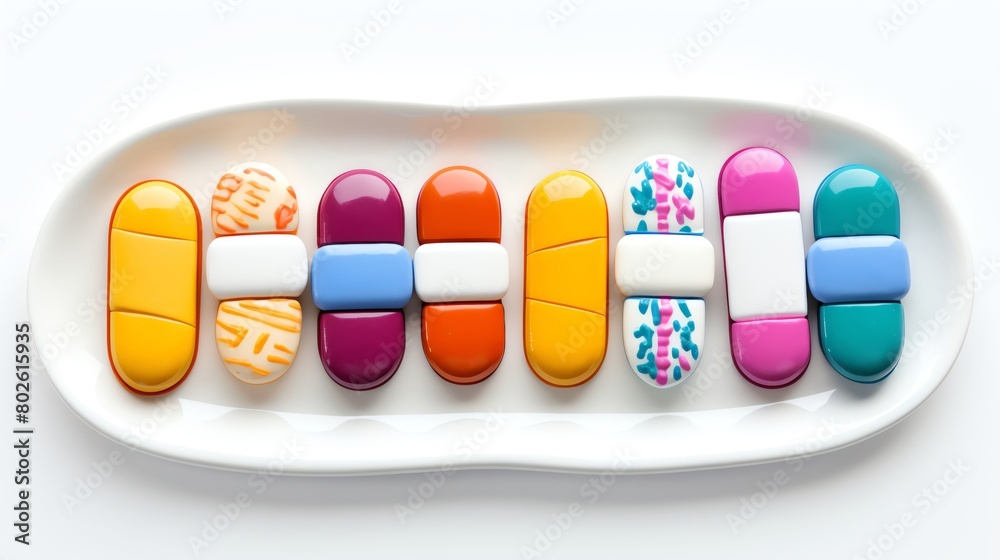 Colorful pill capsule cookies meticulously decorated with icing to ...