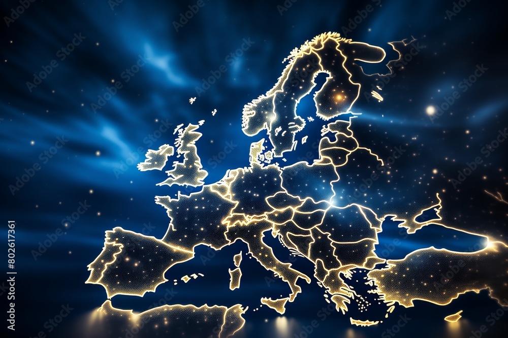Glowing Golden Outline Map Of Europe In The Dark Blue Space Background ...