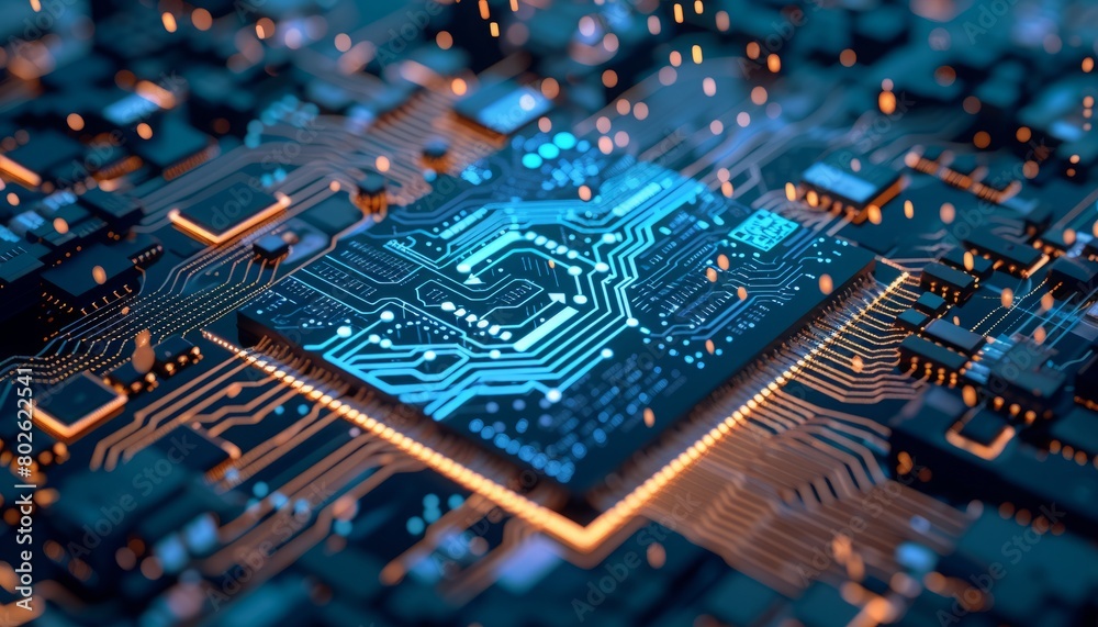 Photograph of 5G chip with holographic blue lines symbolizing high ...