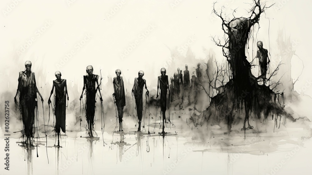 A group of undead walking in a barren field. The people are all wearing ...